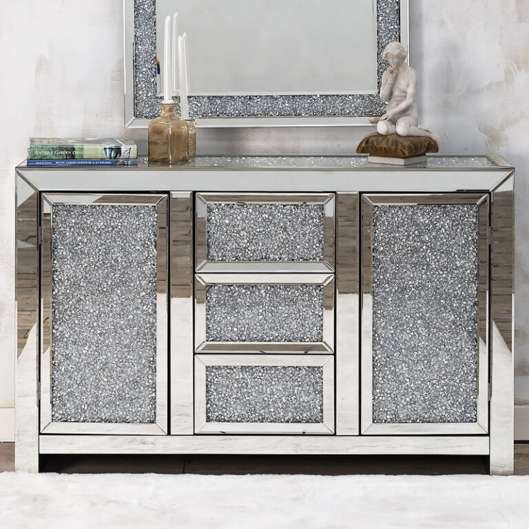 Diamond Crush Large 3 Drawer 2 Door Mirrored Glass Sideboard 130cm ...