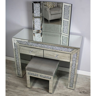 Diamond Crush Mirrored Dressing Table Set With Vanity Mirror And Stool ...