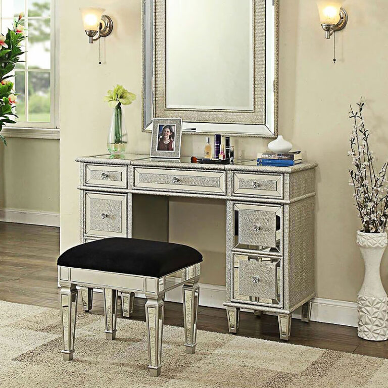 Paris Mirrored Glass Dressing Table With Silver Mock Croc Faux Leather ...