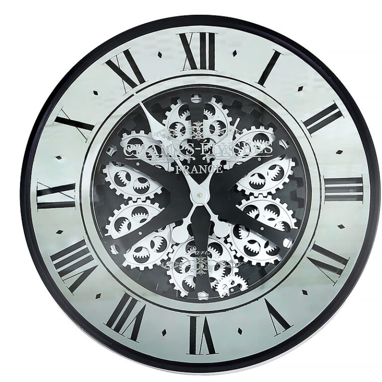 Black Metal And Mirrored Glass Visible Moving Gears Wall Clock 60cm ...