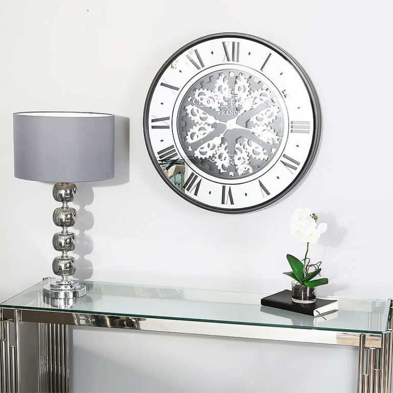 Black Metal And Mirrored Glass Visible Moving Gears Wall Clock 60cm ...
