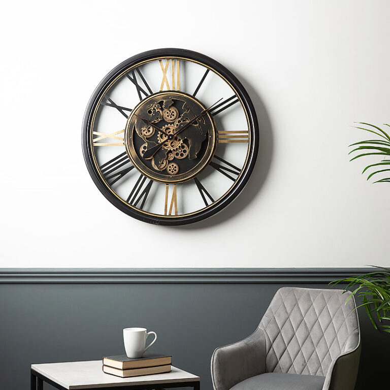 Large Black And Gold Skeleton Visible Moving Gears Wall Clock 80cm ...