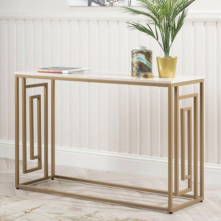 Olympia Gold Metal And Cream White Faux Concrete Console Table ...