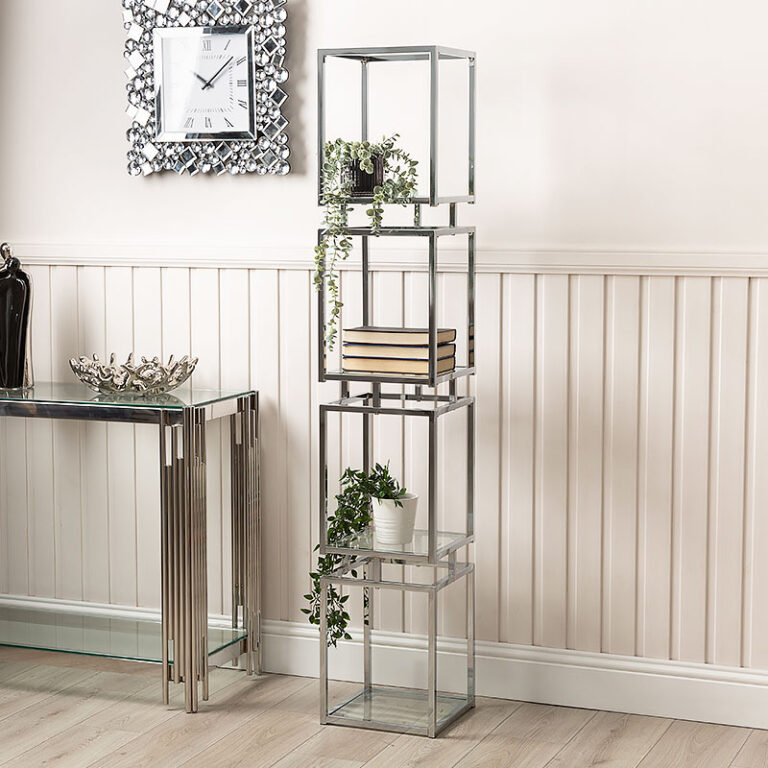 Otis Chrome Metal and Clear Glass Shelving Unit Display Unit 165cm ...