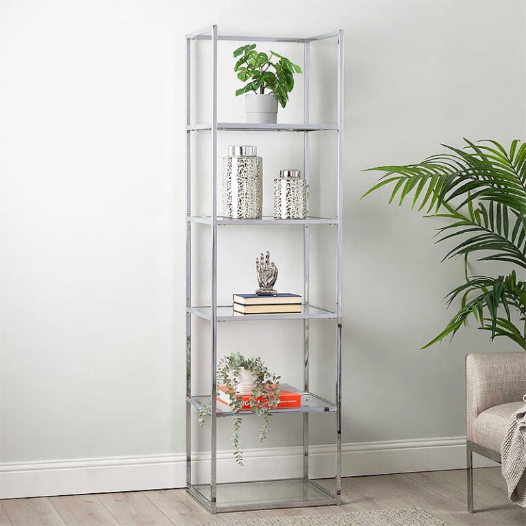 Otis Chrome Metal and Clear Glass Shelving Unit Display Unit 165cm ...