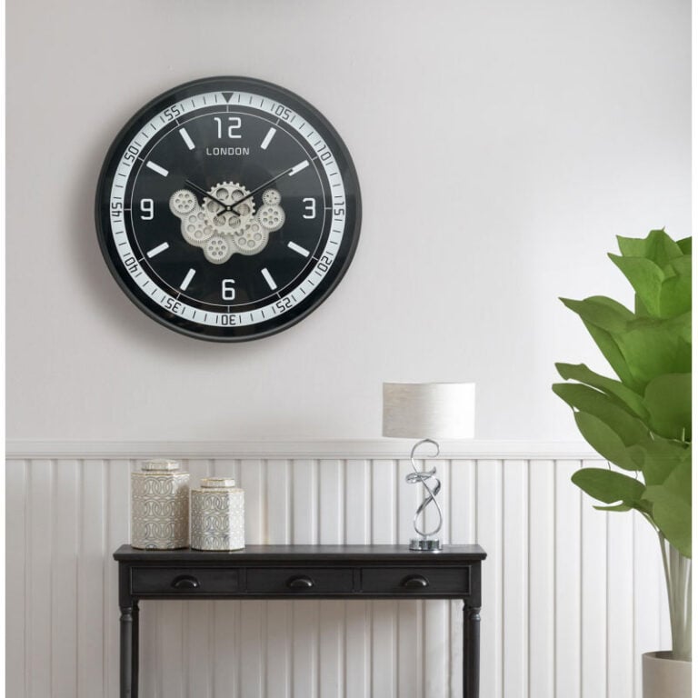 Large 60cm Black Grey Moving Gears Wall Clock | Picture Perfect Home