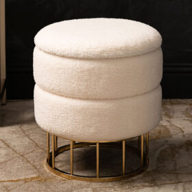White Boucle Round Storage Pouffe Stool with Gold Metal Legs | Picture ...