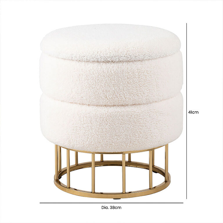 White Boucle Round Storage Pouffe Stool with Gold Metal Legs | Picture ...