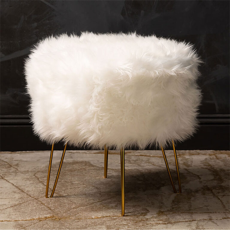 White Faux Fur Ottoman Stool with Gold Hairpin Legs | Picture Perfect Home