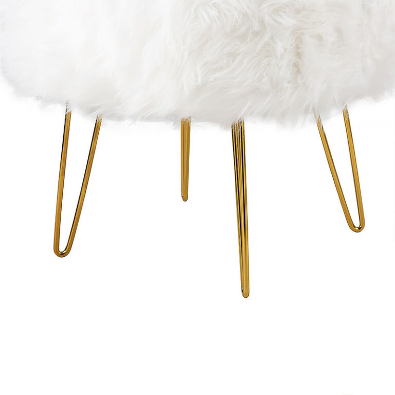 White Faux Fur Ottoman Stool with Gold Hairpin Legs | Picture Perfect Home