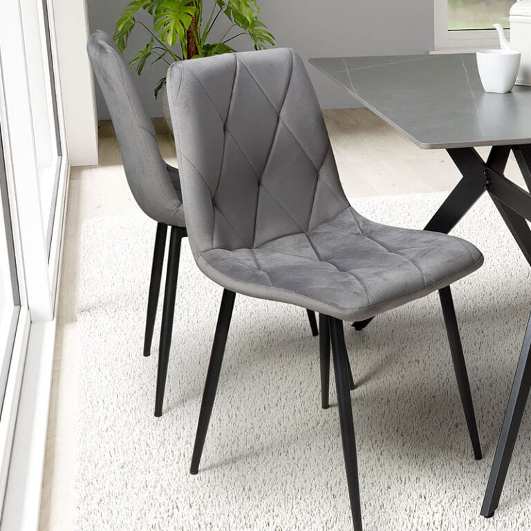 Set Of 4 Alba Grey Brushed Velvet Quilted Dining Chairs With Black Legs ...