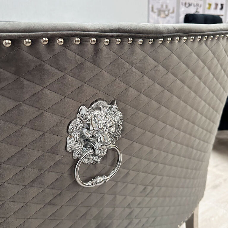 Camilla Grey Velvet And Chrome Dining Bench With Lion Ring Knocker ...