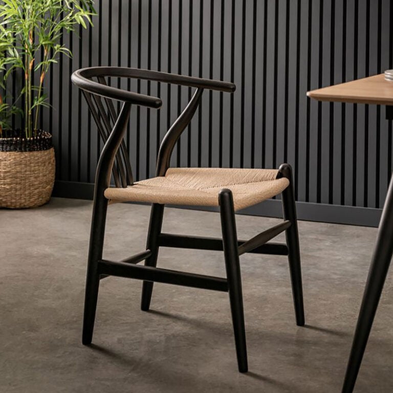 Set Of 2 Fraser Black Elm Wood Wishbone Dining Chairs With Handwoven ...