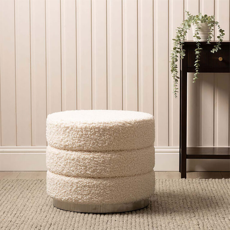 White Boucle Stool Ottoman With Silver Chrome Base | Picture Perfect Home