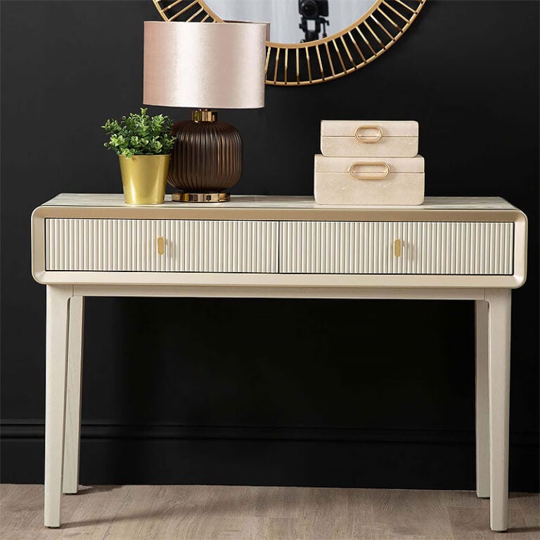Luxor Cream White Elm Wood And Gold 2 Drawer Console Table | Picture ...