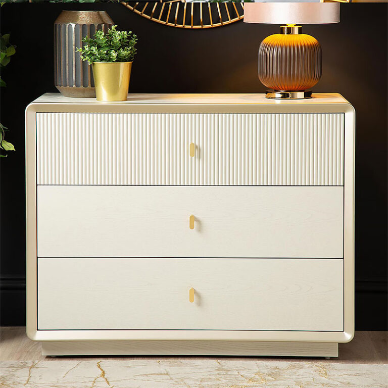 Luxor Cream White Elm Wood And Gold 3 Drawer Chest Of Drawers | Picture ...