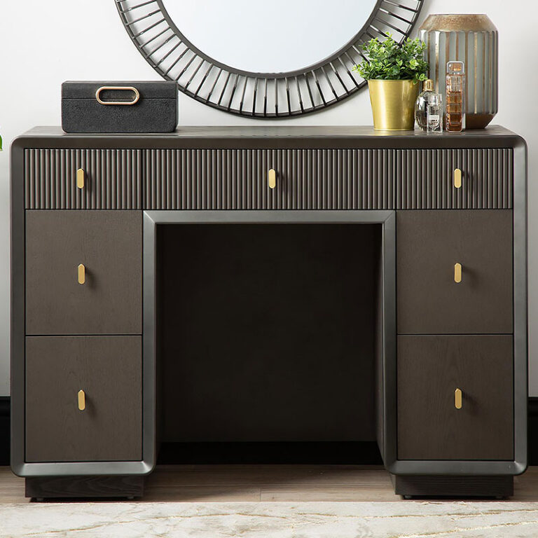 Luxor Smoke Grey Elm Wood 7 Drawer Dressing Table With Gold Handles ...