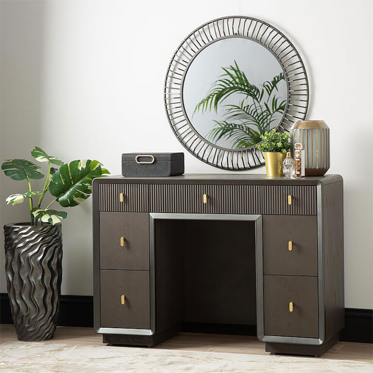 Luxor Smoke Grey Elm Wood 7 Drawer Dressing Table With Gold Handles ...
