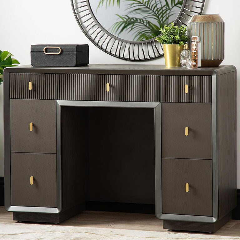 Luxor Smoke Grey Elm Wood 7 Drawer Dressing Table With Gold Handles ...