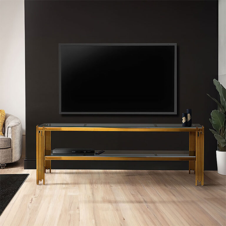 Colton Gold Metal And Clear Glass TV Stand Media Unit | Picture Perfect ...