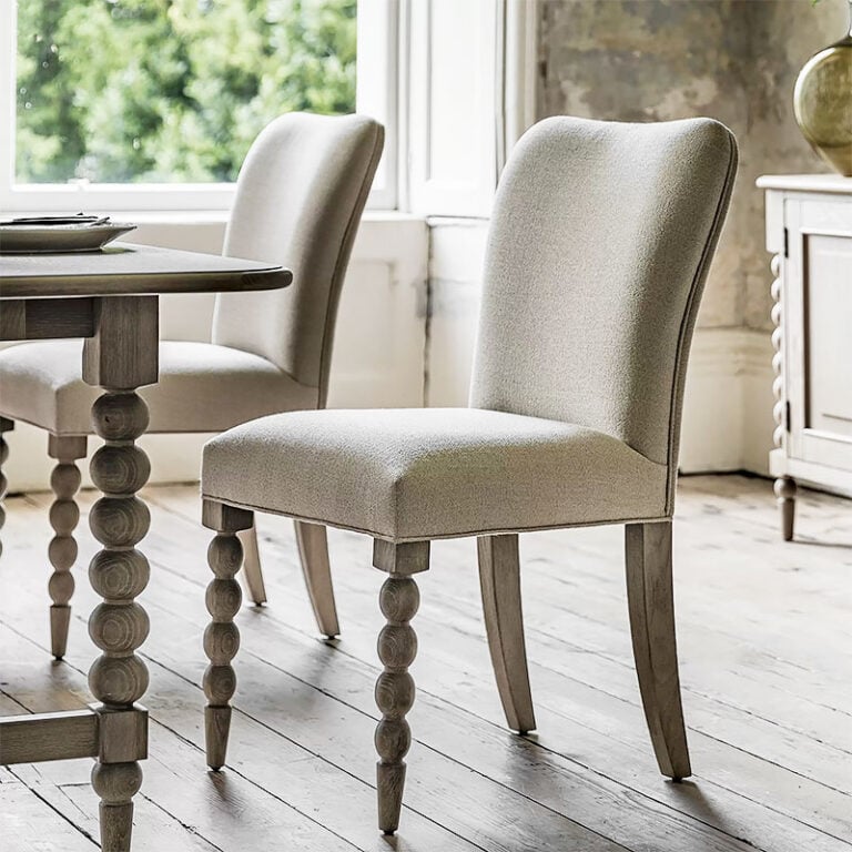 Set Of 2 Artisan Natural Linen Dining Chairs With Hand Carved Oak Legs ...