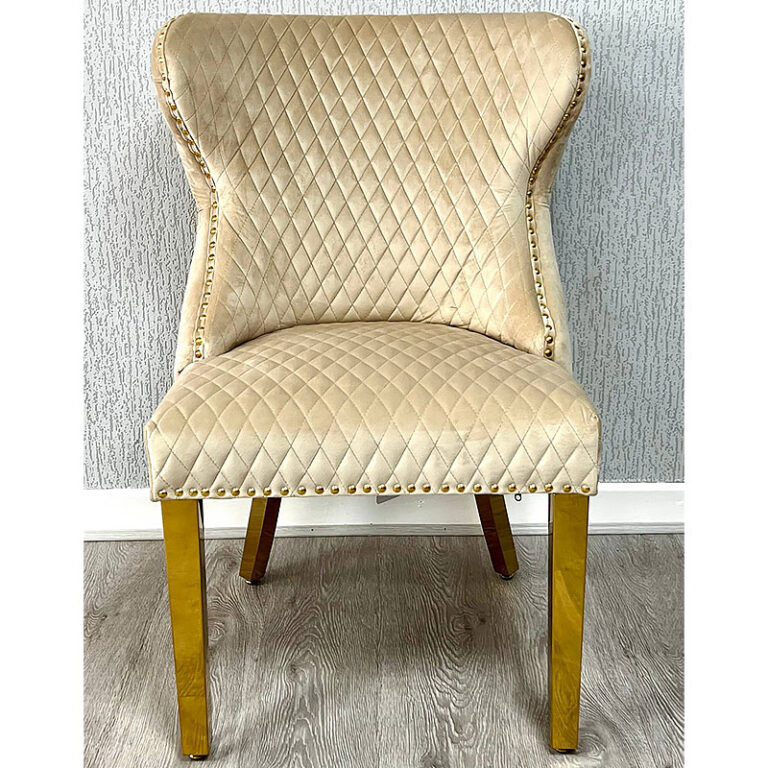 Set Of 2 Diana Mink Velvet And Gold Dining Chairs With Lion Knocker ...