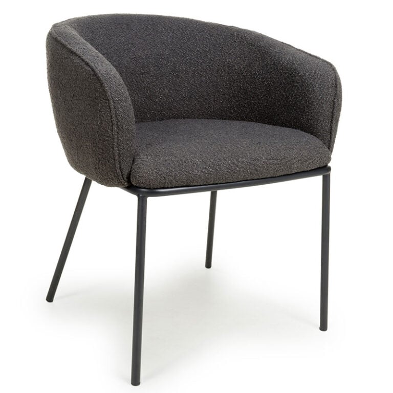 Set Of 2 Teddy Grey Boucle Fabric Tub Dining Chairs With Black Legs ...