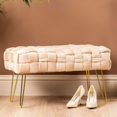Dark Cream Velvet Woven Vanity Bench Ottoman With Gold Legs | Picture ...