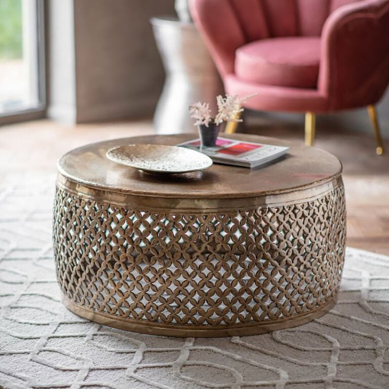 Elena Moroccan Hammered Light Gold Metal Round Boho Side Table End ...