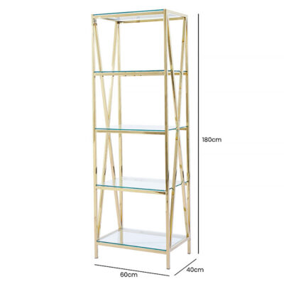 Modern Gold Metal and Clear Glass X Panel 4 Tier Shelving Display Unit ...