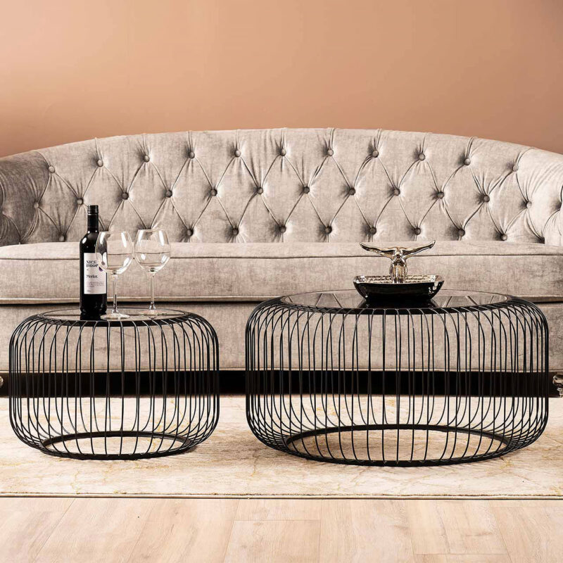 Set Of 2 Industrial Black Metal Cage Coffee Tables With Black Glass ...