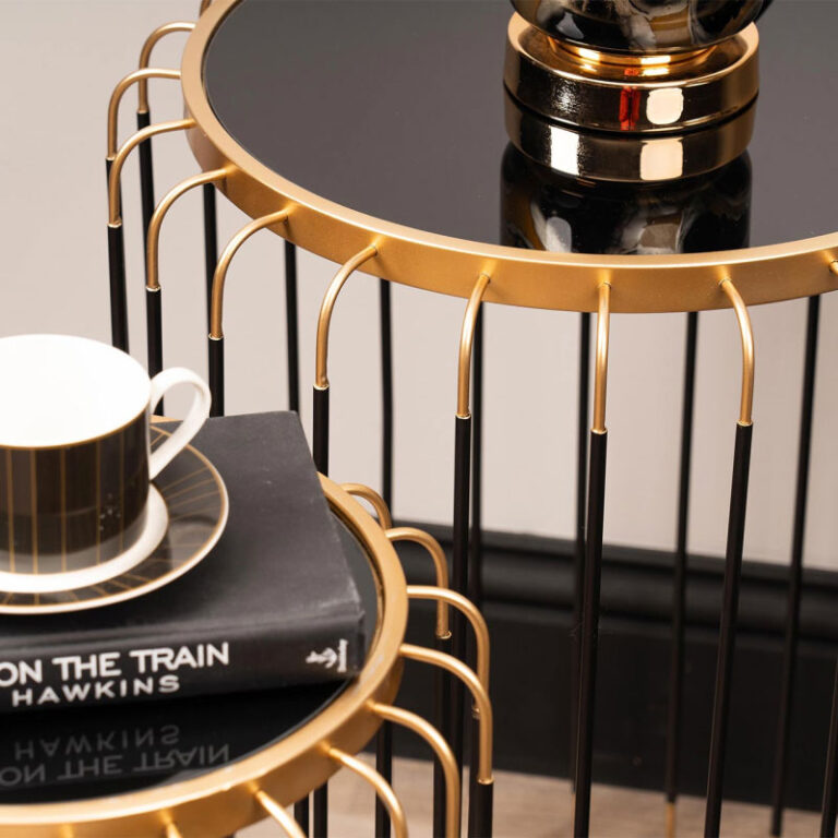 Set Of 2 Nesting Black And Gold Metal Side Tables With Black Mirror ...
