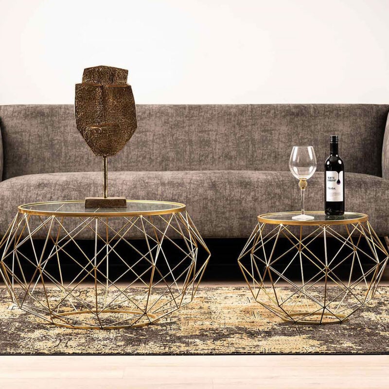 Set Of Art Deco 2 Gold Metal Mesh Coffee Tables With Glass Tops ...