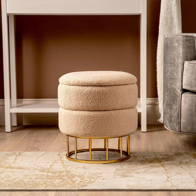 Teddy Beige Boucle Round Storage Stool Ottoman With Gold Legs | Picture ...