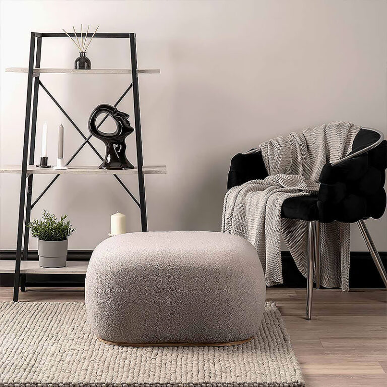 Teddy Grey Boucle Ottoman Stool With Natural Wooden Base | Picture ...