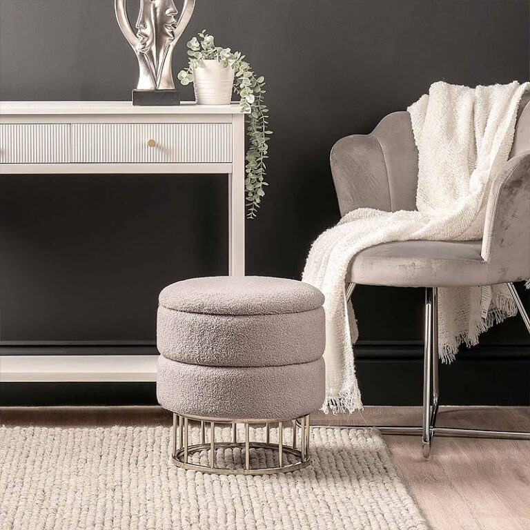 Teddy Grey Boucle Round Storage Stool Ottoman With Chrome Legs ...