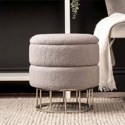 Teddy Grey Boucle Round Storage Stool Ottoman With Chrome Legs | Picture Perfect Home