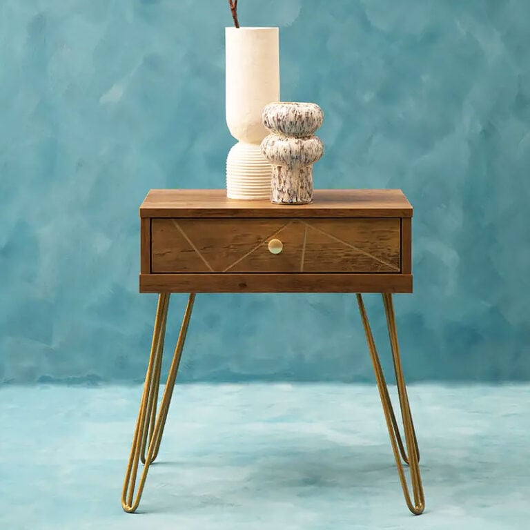 Art Deco Boho Brown Wood And Gold Metal 1 Drawer Side Bedside Table ...