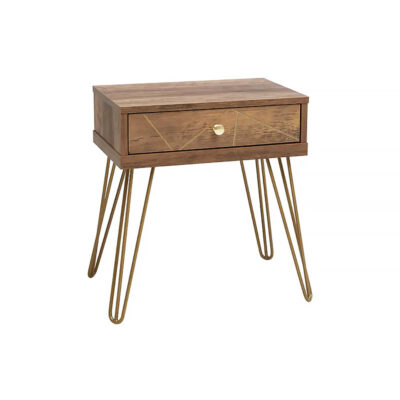 Art Deco Boho Brown Wood And Gold Metal 1 Drawer Side Bedside Table ...