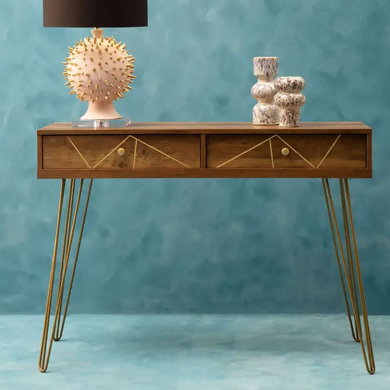 Art Deco Boho Brown Wood And Gold Metal Slim 2 Drawer Console Table ...