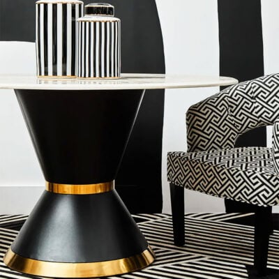 Art Deco Round Black And Gold Dining Table With White Faux Marble Top ...