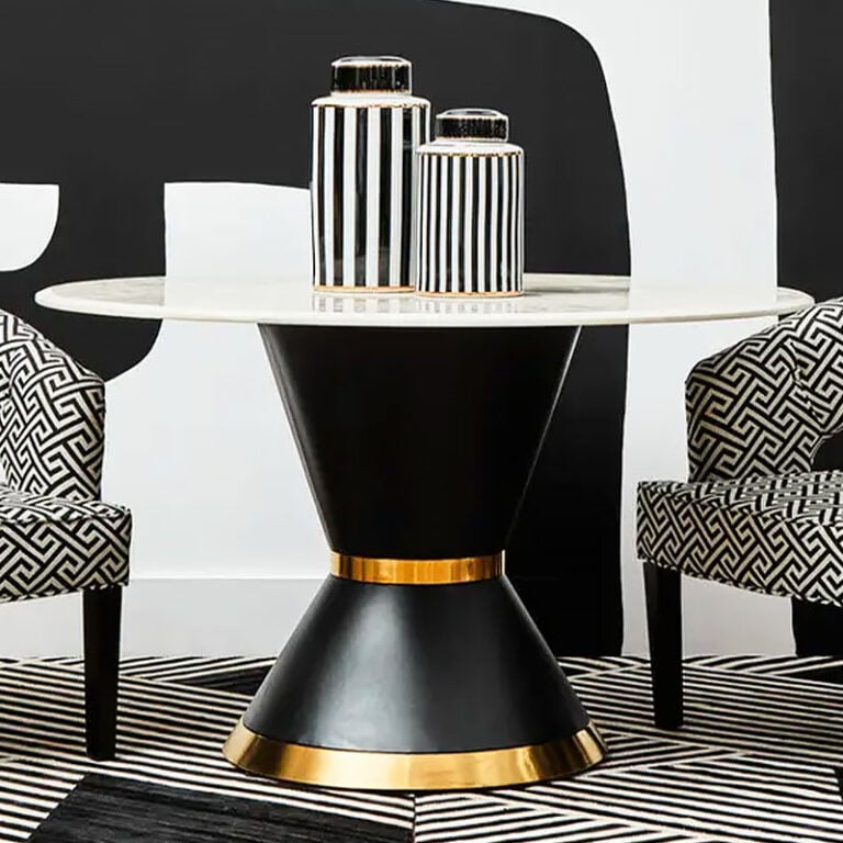 Art Deco Round Black And Gold Dining Table With White Faux Marble Top ...
