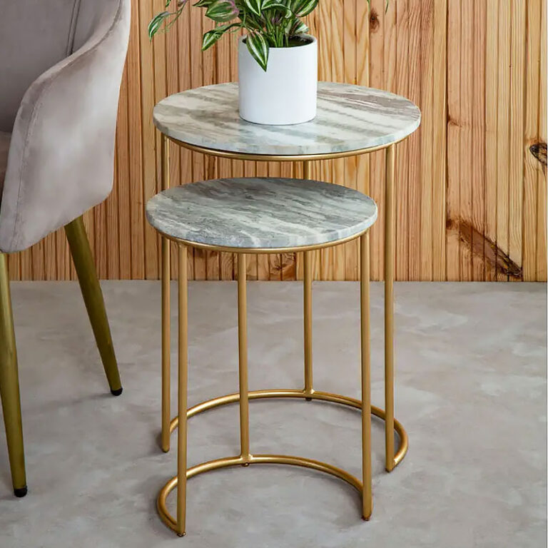 Art Deco Set Of 2 Gold Metal Nesting Side Tables With White Marble Tops ...