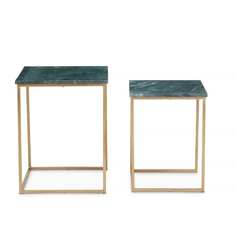 Art Deco Set Of 2 Square Gold Metal Nesting Side Tables With Green ...