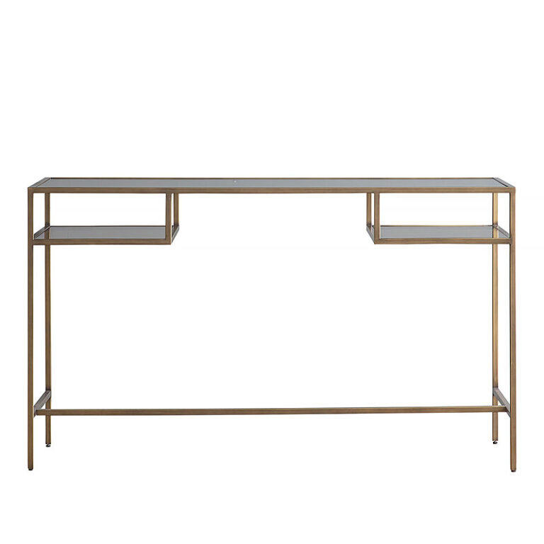 Avi Bronze Antique Gold Metal and Brown Smoked Glass Desk Vanity Table ...