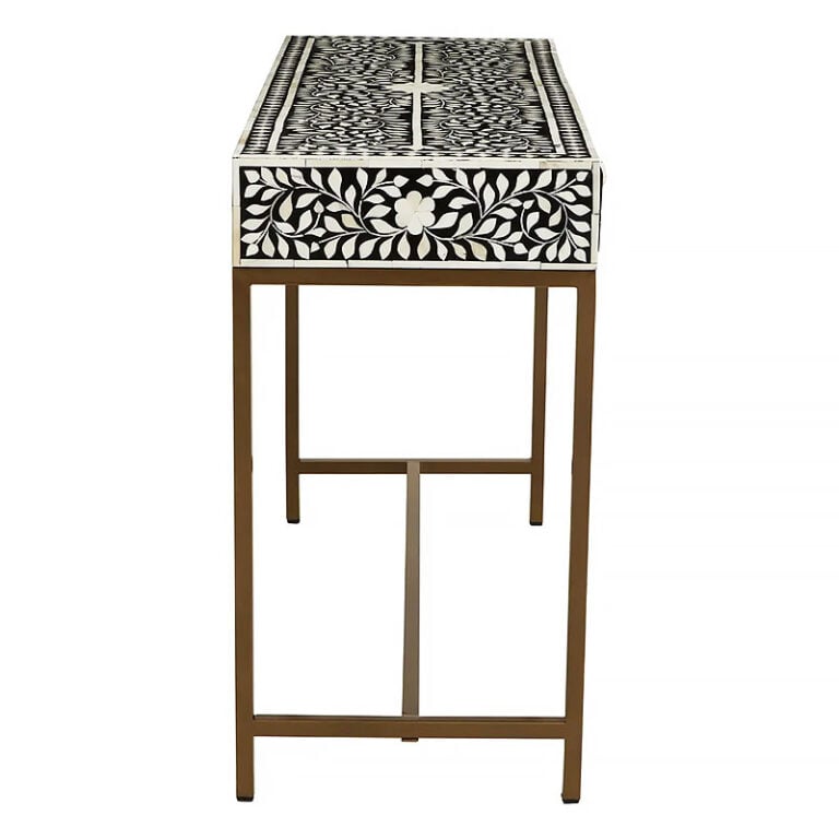 Boho White Bone Inlay And Black Wood Console Table With Gold Metal Legs ...