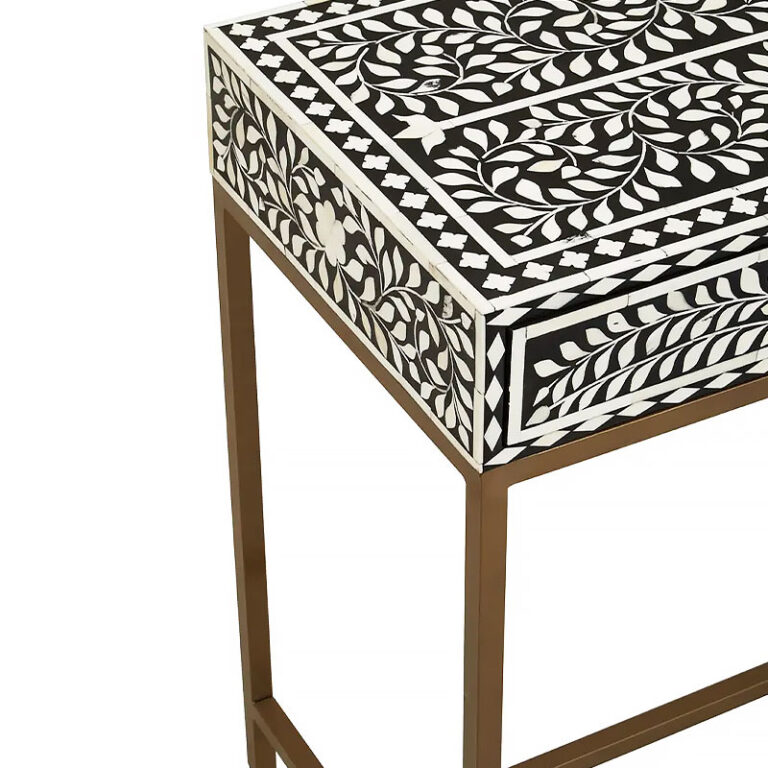 Boho White Bone Inlay And Black Wood Console Table With Gold Metal Legs ...