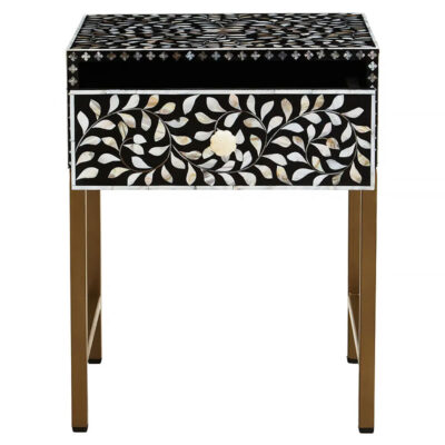 Boho White Pearl Inlay And Black Wood Side Bedside Table With Gold Legs ...