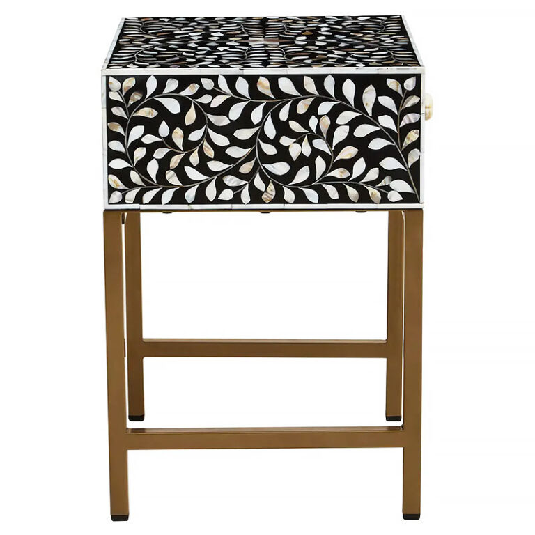 Boho White Pearl Inlay And Black Wood Side Bedside Table With Gold Legs ...