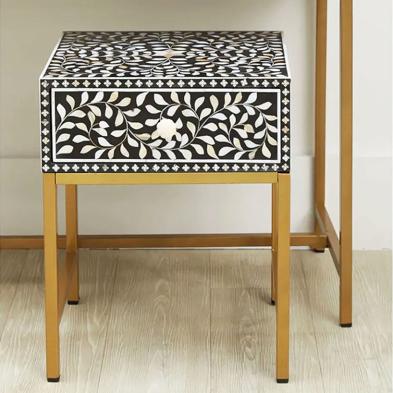 Boho White Pearl Inlay And Black Wood Side Bedside Table With Gold Legs ...